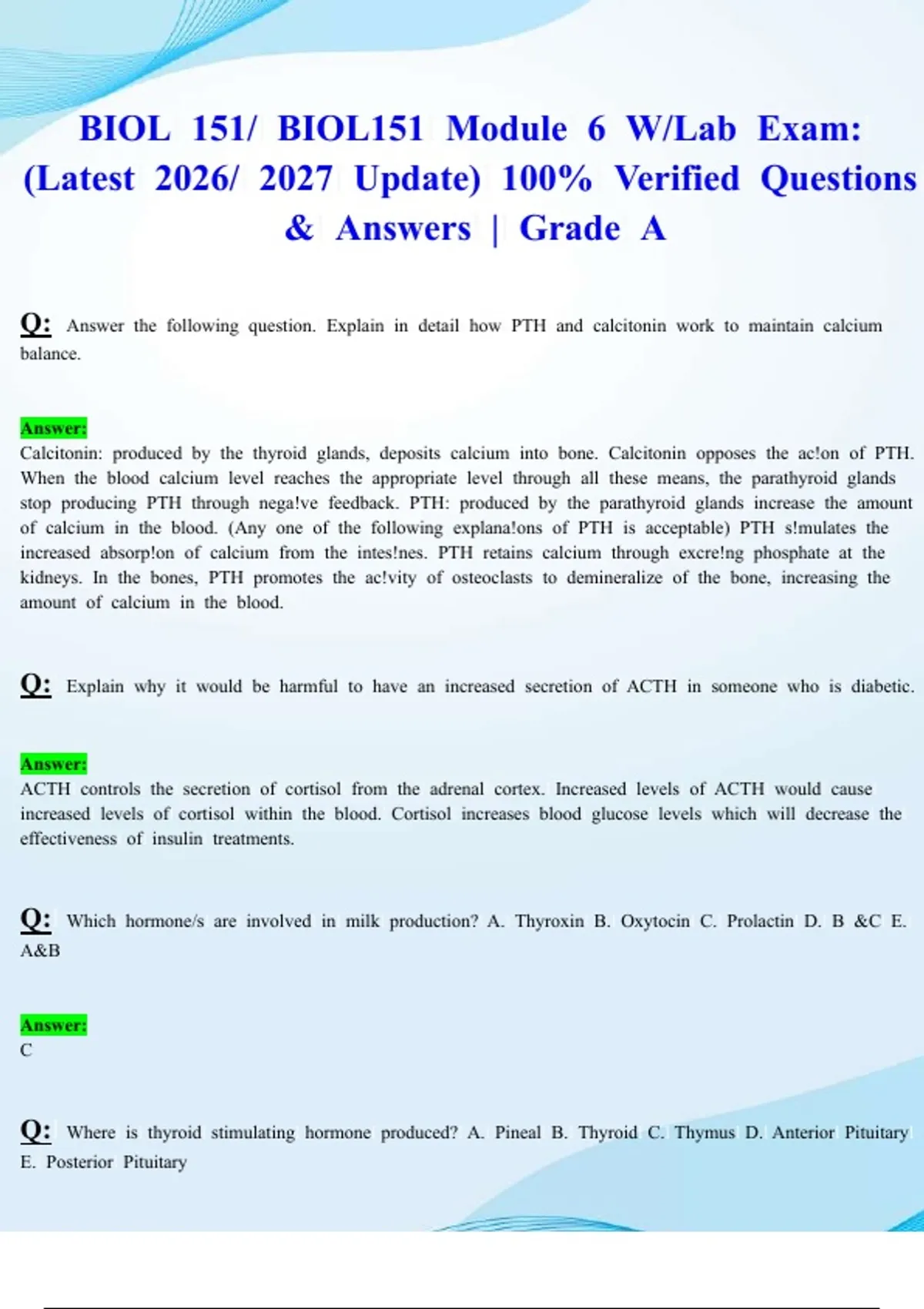 BIOL 251/ BIOL251 Module 6 W/Lab Exam: (Latest 2026/ 2027 Update) 100% ...