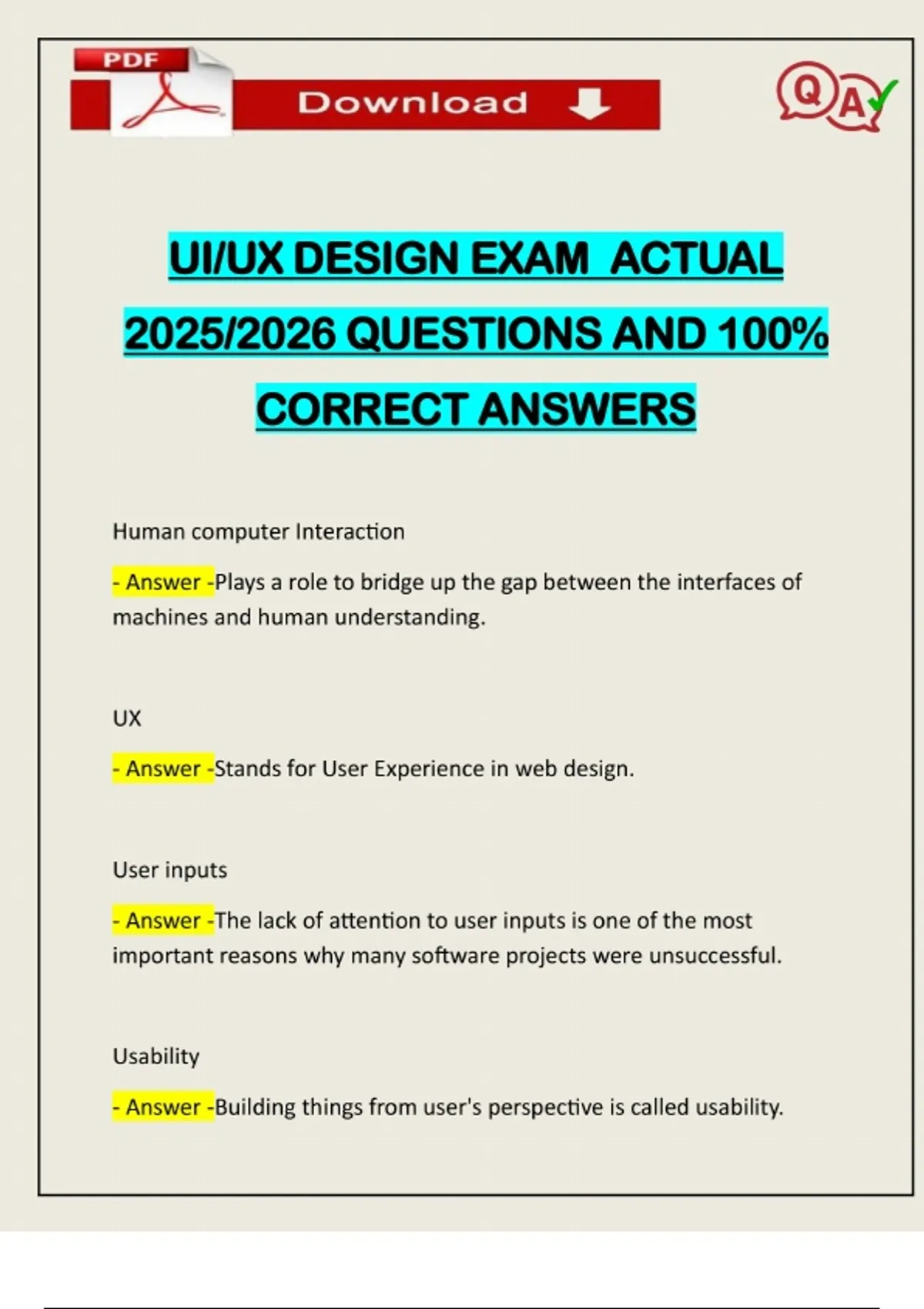 UI/UX DESIGN EXAM ACTUAL 2025/2026 QUESTIONS AND 100% CORRECT ANSWERS ...