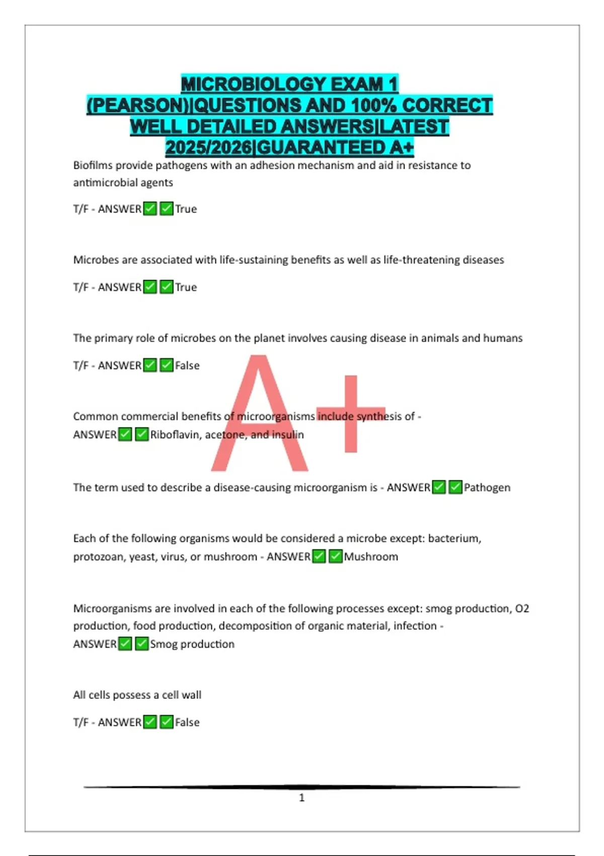 MICROBIOLOGY EXAM 1 (PEARSON)|QUESTIONS AND 100% CORRECT WELL DETAILED ...