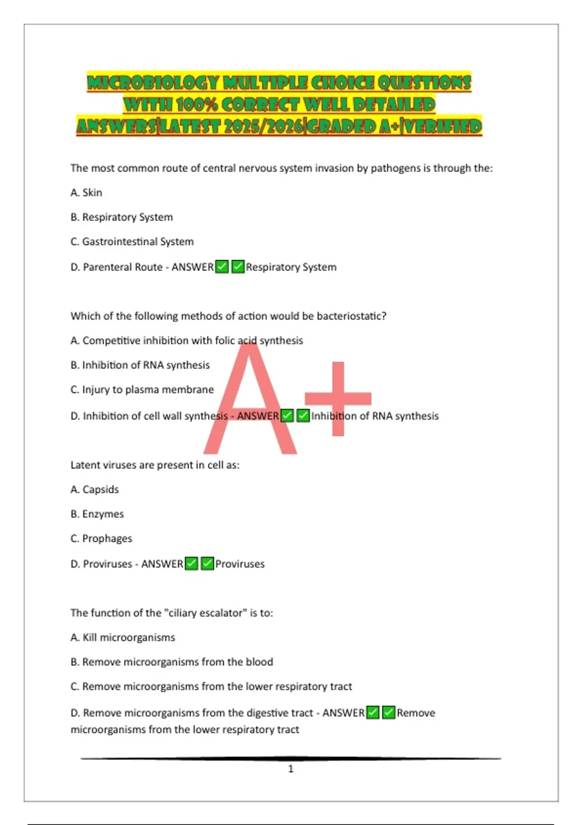 MICROBIOLOGY MULTIPLE CHOICE QUESTIONS WITH 100% CORRECT WELL DETAILED ...