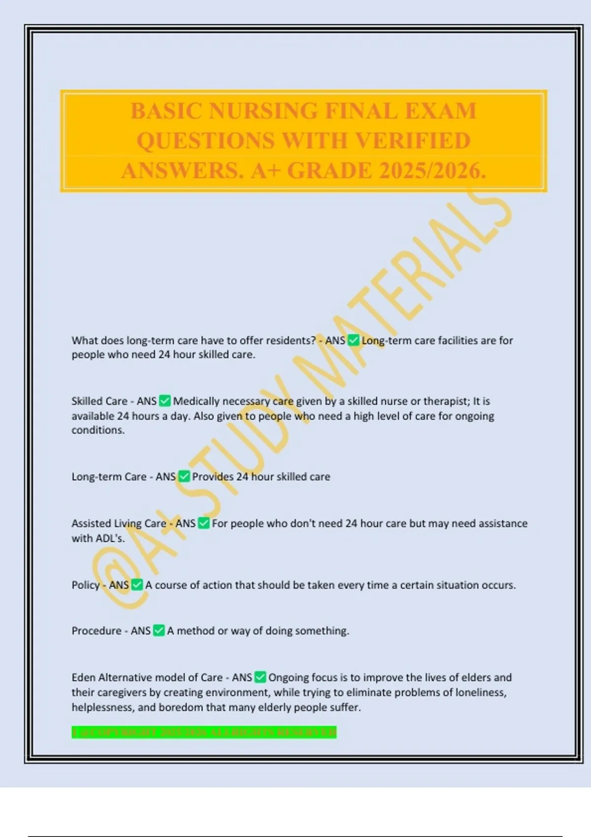 BASIC NURSING FINAL EXAM QUESTIONS WITH VERIFIED ANSWERS. A+ GRADE 2025 ...