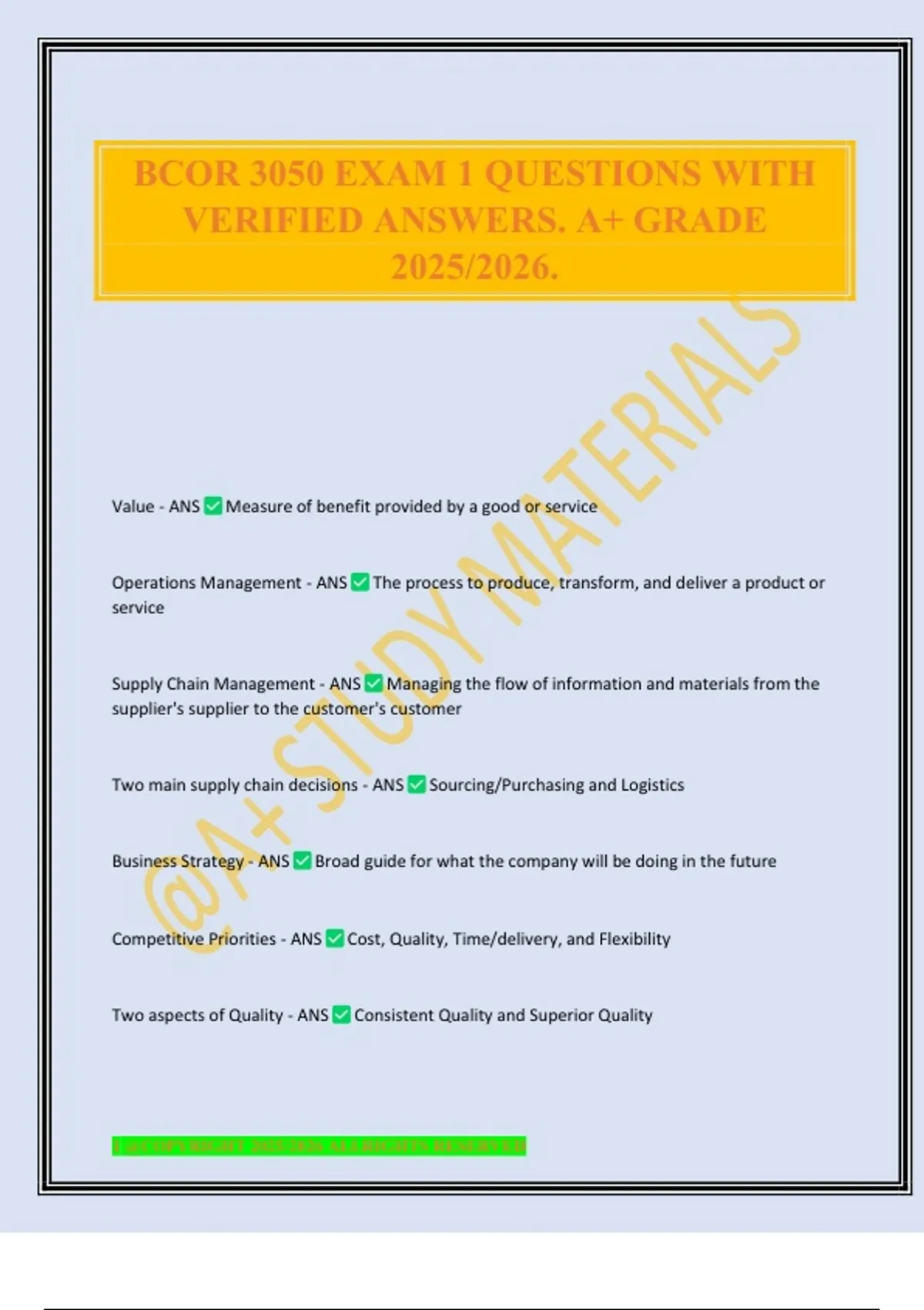 BCOR 3050 EXAM 1 QUESTIONS WITH VERIFIED ANSWERS. A+ GRADE 2025/2026 ...