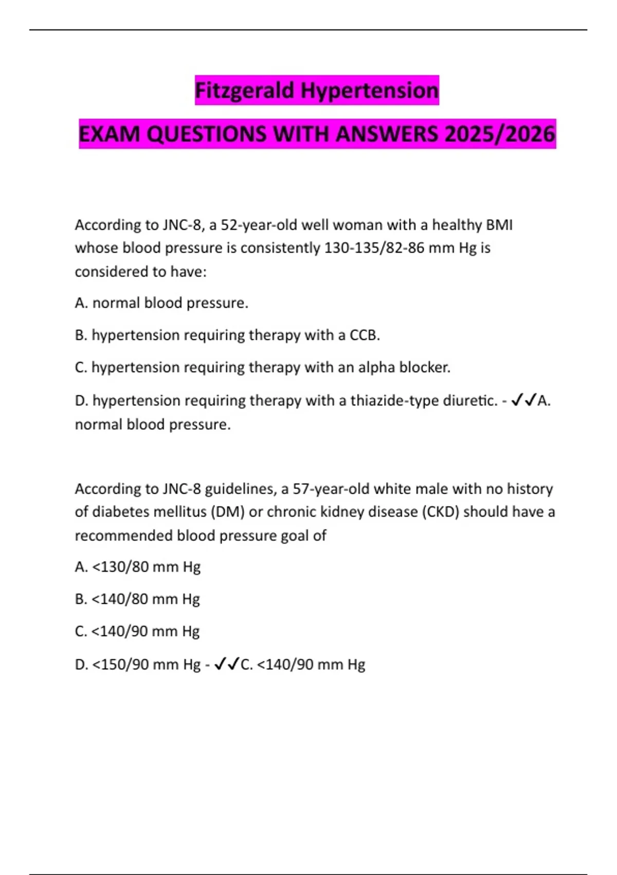 Fitzgerald Hypertension EXAM QUESTIONS WITH ANSWERS 2025/2026 ...