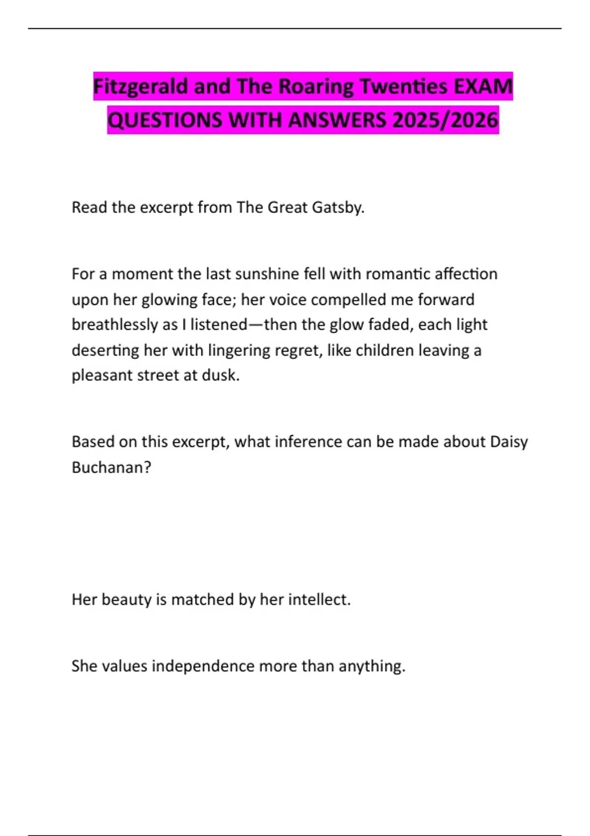 Fitzgerald and The Roaring Twenties EXAM QUESTIONS WITH ANSWERS 2025/ ...