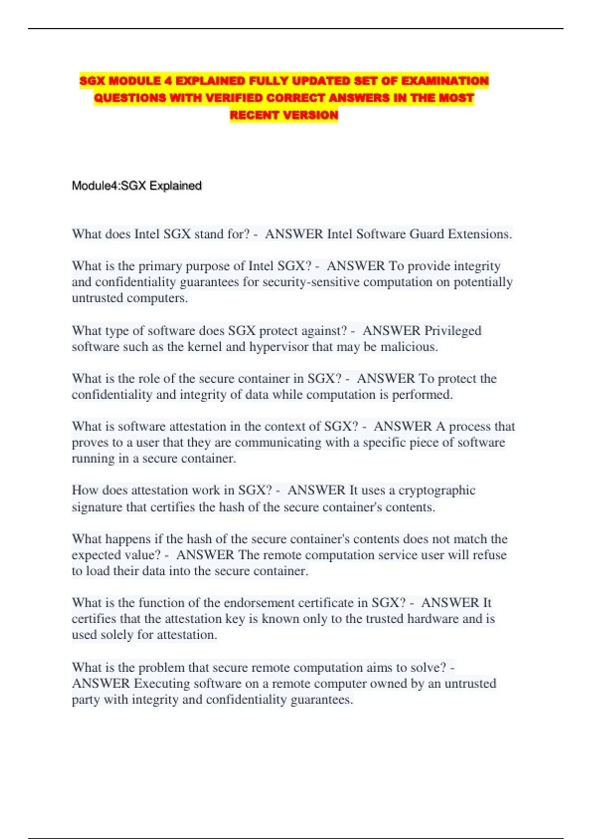 SGX MODULE 4 EXPLAINED FULLY UPDATED SET OF EXAMINATION QUESTIONS WITH ...