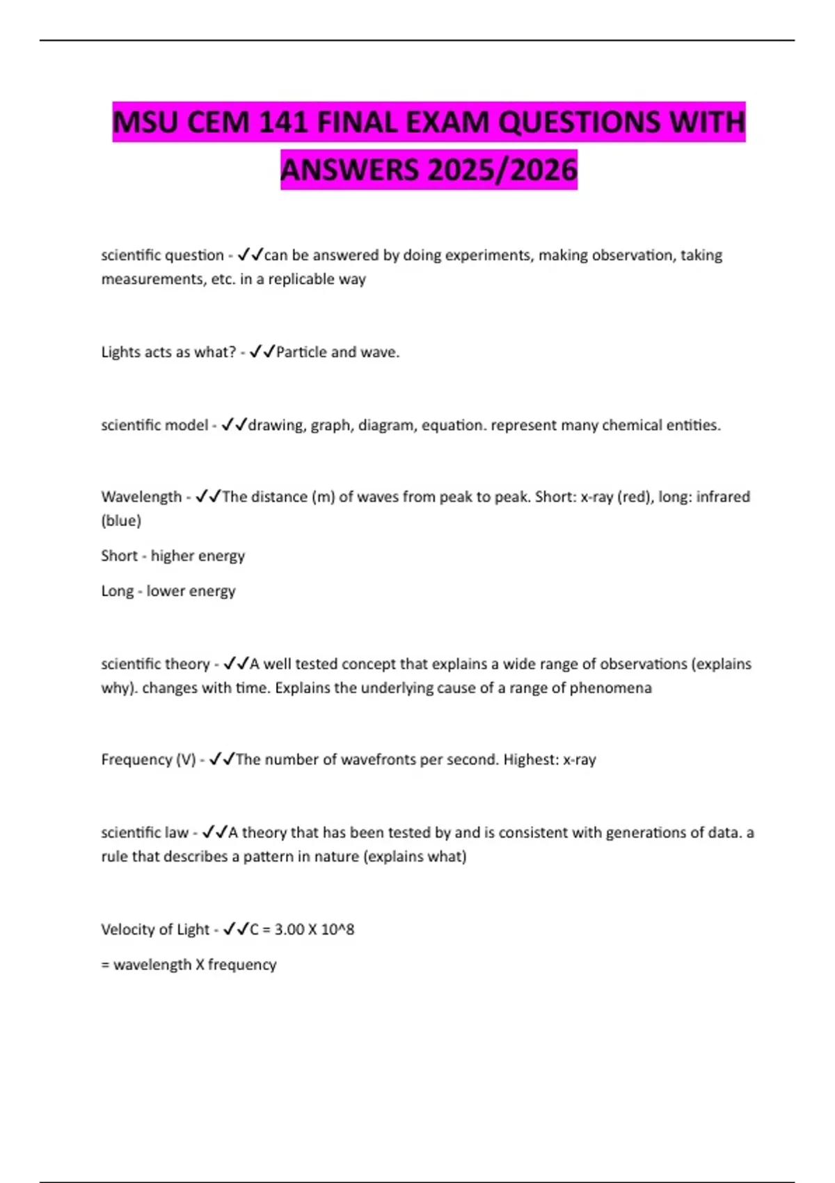 MSU CEM 141 QUESTIONS WITH ANSWERS 2025/2026 - MSU CEM 141 - Stuvia US