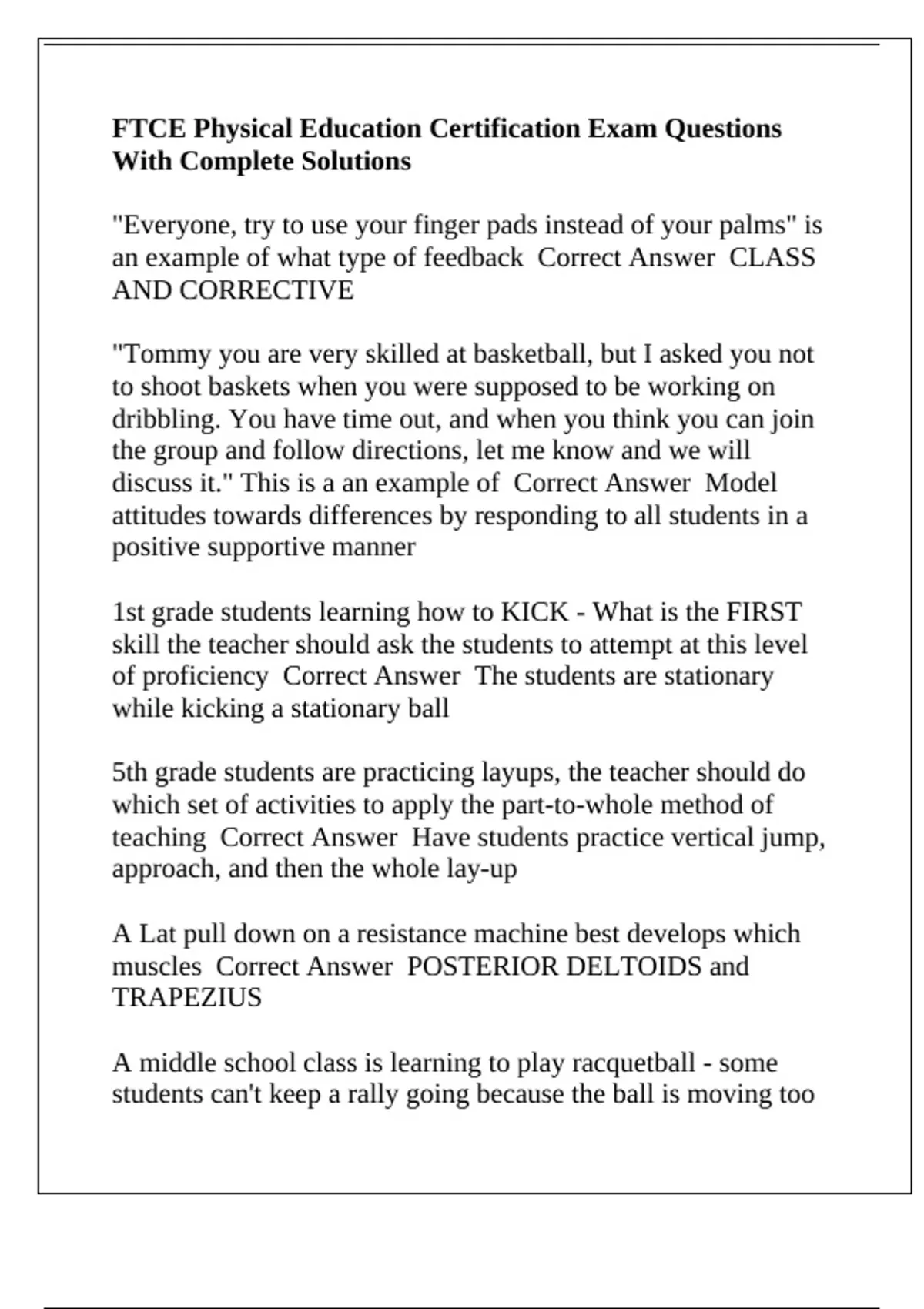 FTCE Physical Education Certification Exam Questions With Complete ...