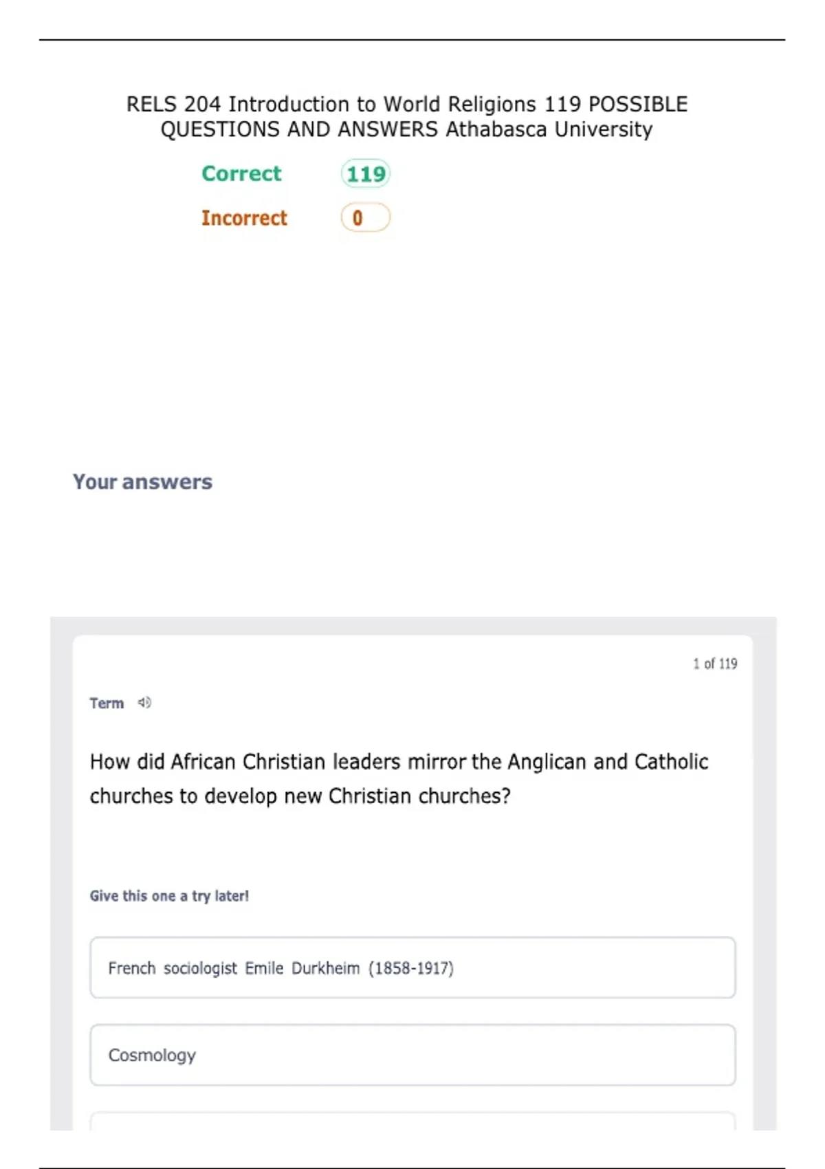 RELS 204 Introduction to World Religions 119 POSSIBLE QUESTIONS AND ...