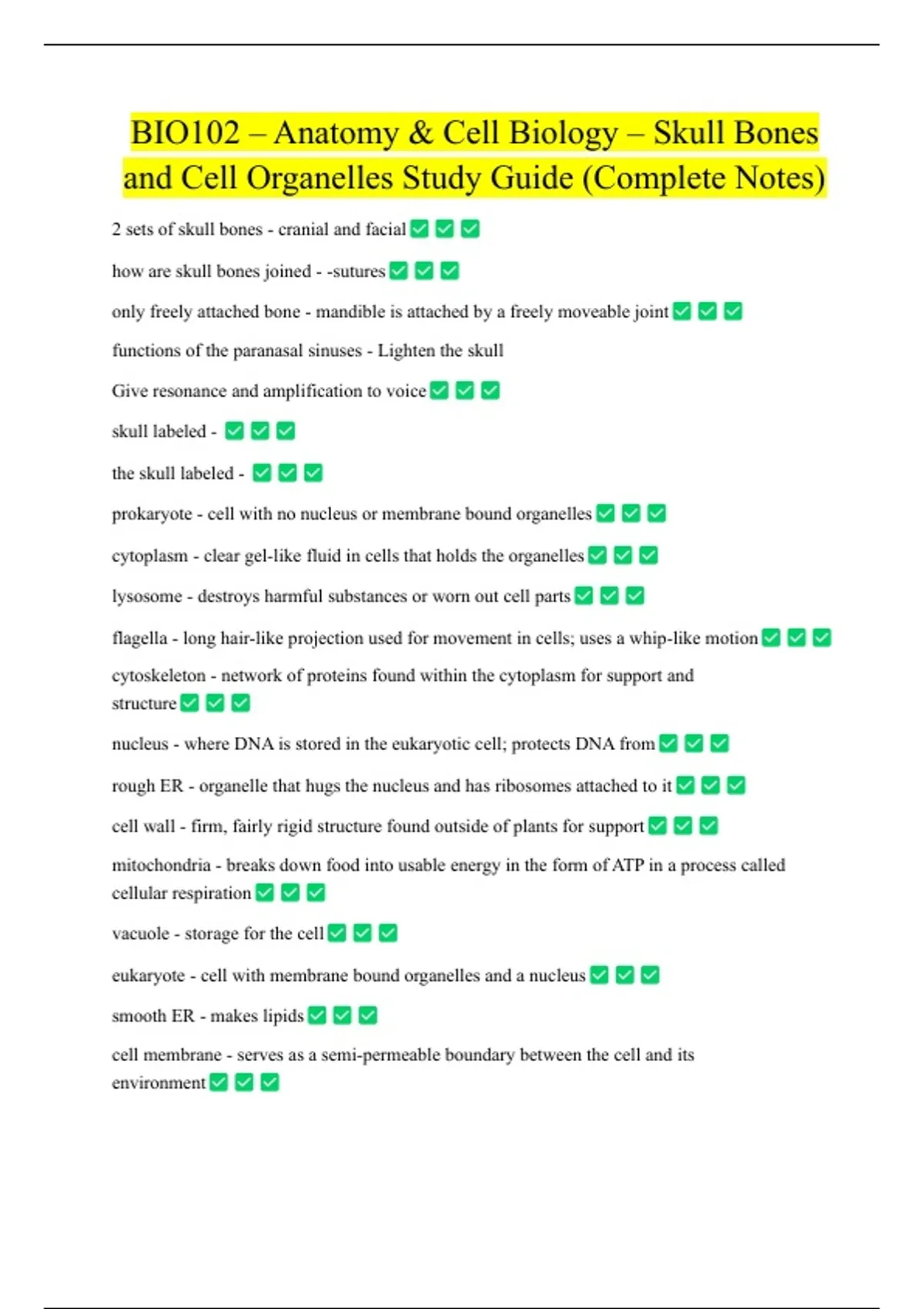 BIO102 – Anatomy & Cell Biology – Skull Bones and Cell Organelles Study ...