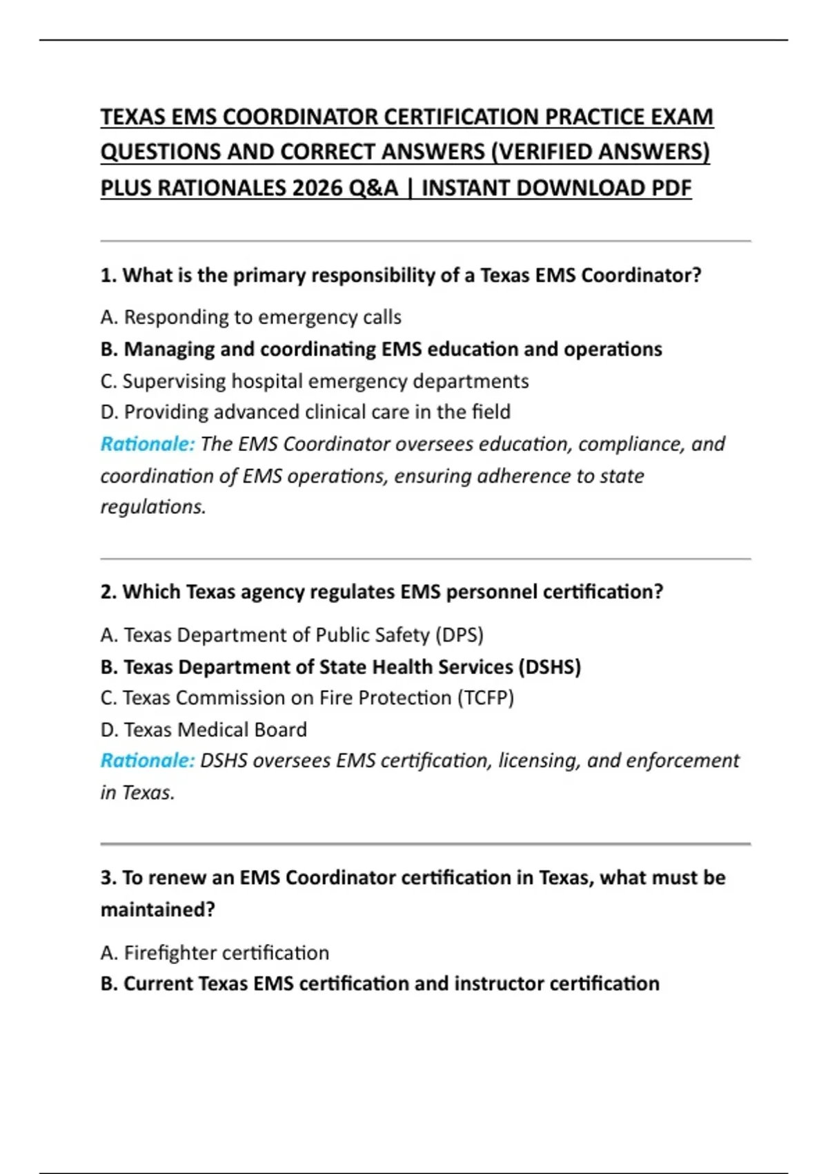 TEXAS EMS COORDINATOR CERTIFICATION PRACTICE EXAM QUESTIONS AND CORRECT ...