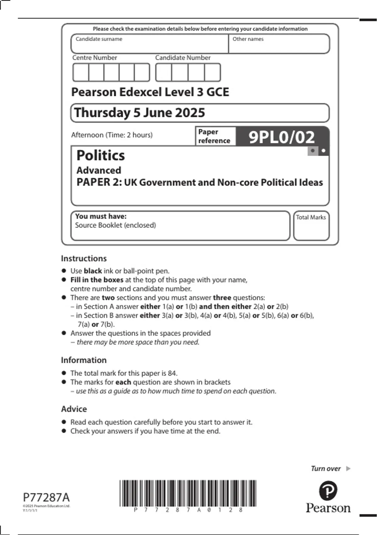 Bundle 2025 Pearson Edexcel A Level Politics Paper 2 Question Paper and ...