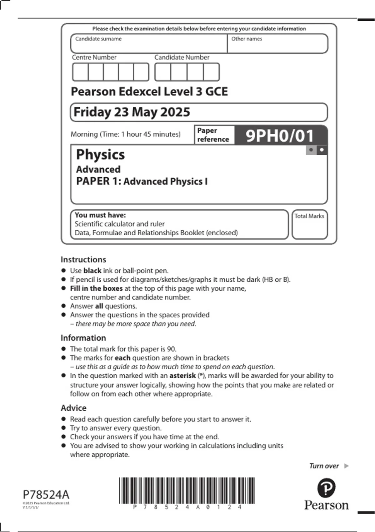 Bundle 2025 Pearson Edexcel A Level Physics Paper 1 Question Paper and ...