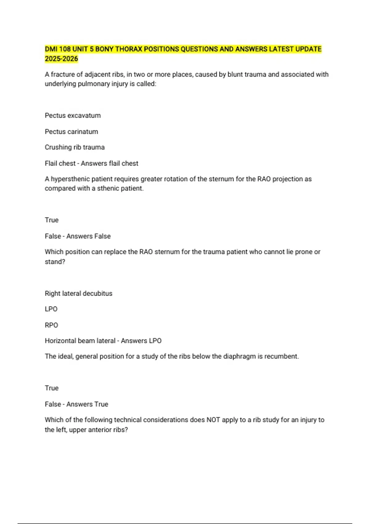 DMI 108 UNIT 5 BONY THORAX POSITIONS QUESTIONS AND ANSWERS LATEST ...