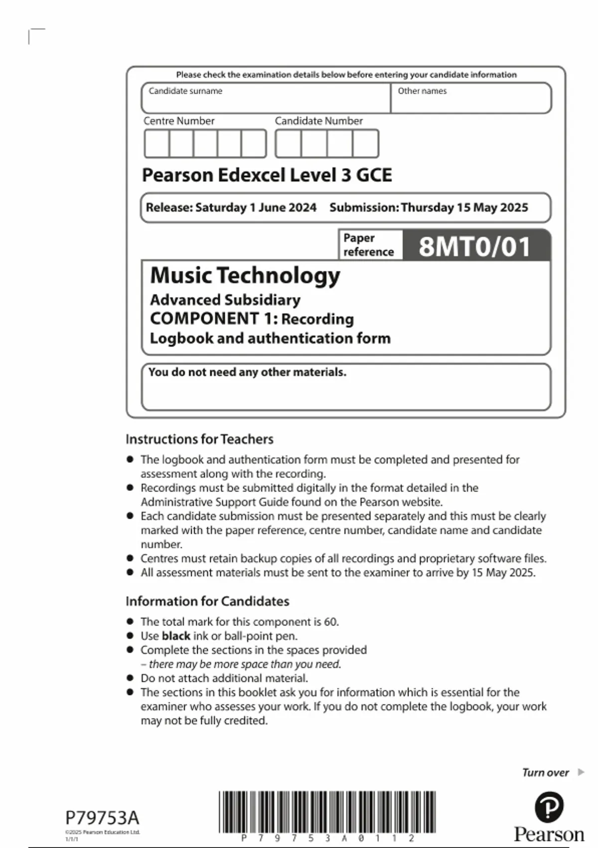 2025 Pearson Edexcel AS Level Music Technology Paper 1 (8MT0/01 ...