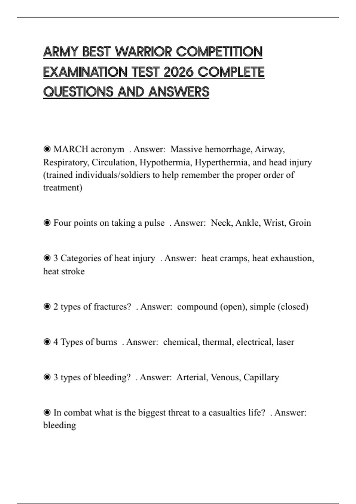 ARMY BEST WARRIOR COMPETITION EXAMINATION TEST 2026 COMPLETE QUESTIONS ...