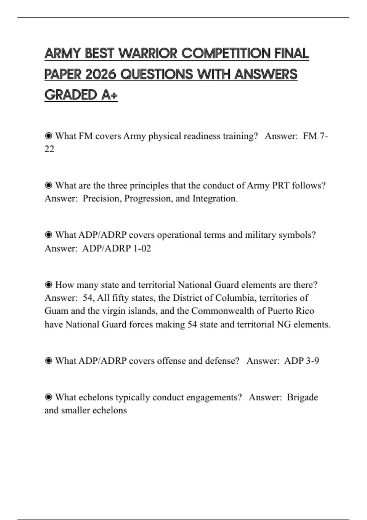 ARMY BEST WARRIOR COMPETITION FINAL PAPER 2026 QUESTIONS WITH ANSWERS ...