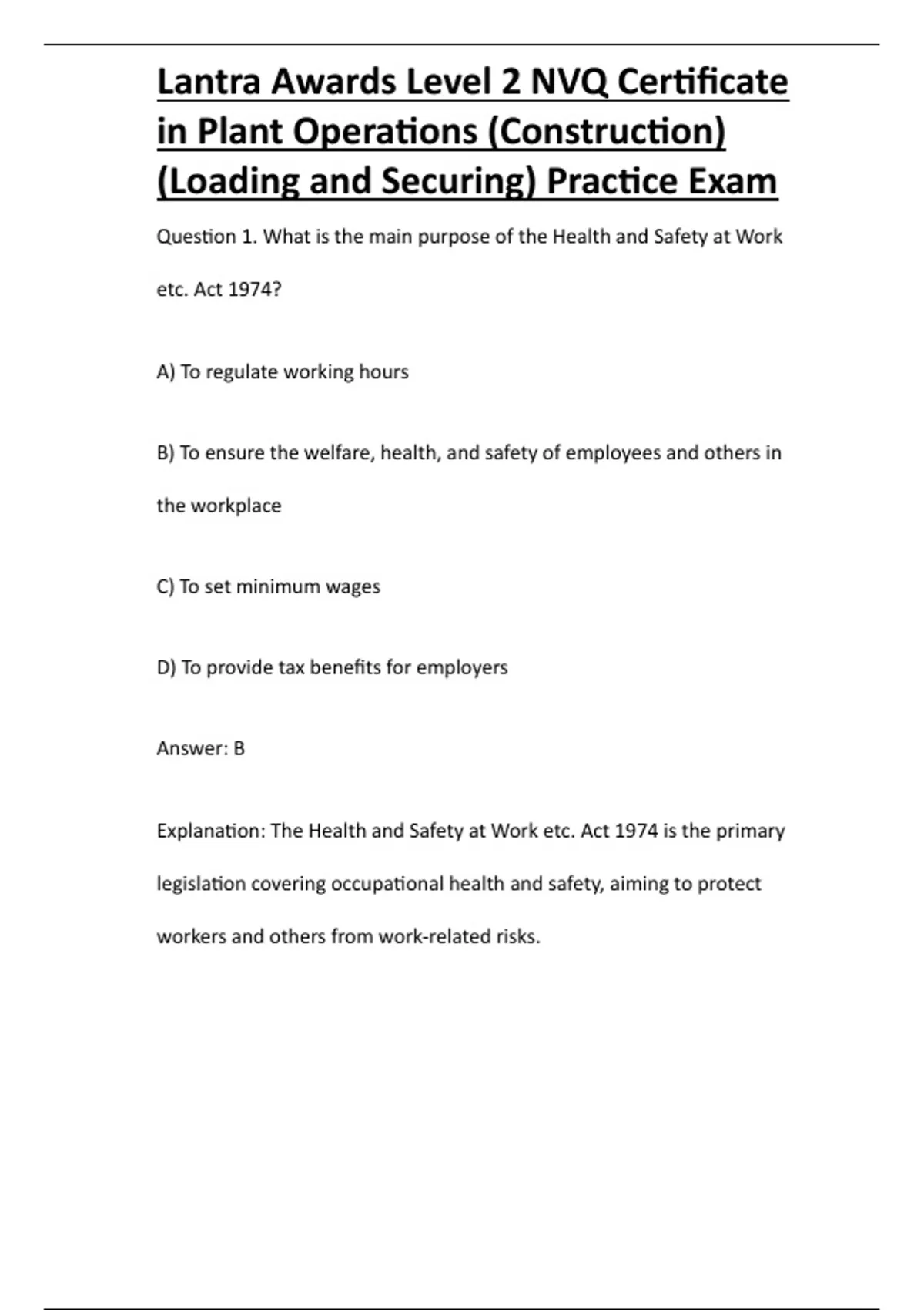 Lantra Awards Level 2 NVQ Certificate in Plant Operations (Construction) (Loading and Securing ...