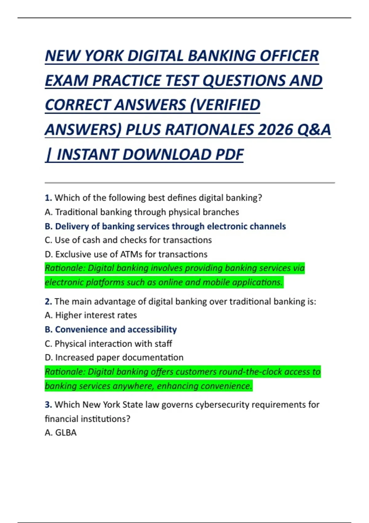 NEW YORK DIGITAL BANKING OFFICER EXAM PRACTICE TEST QUESTIONS AND ...