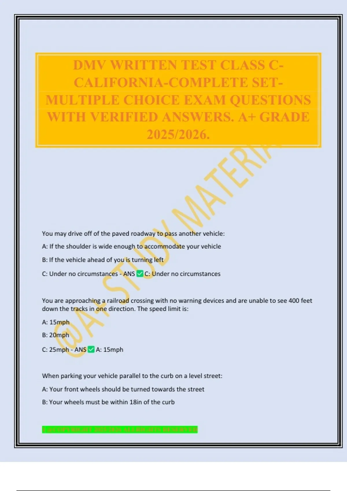 DMV WRITTEN TEST CLASS C- CALIFORNIA-COMPLETE SET- MULTIPLE CHOICE EXAM ...
