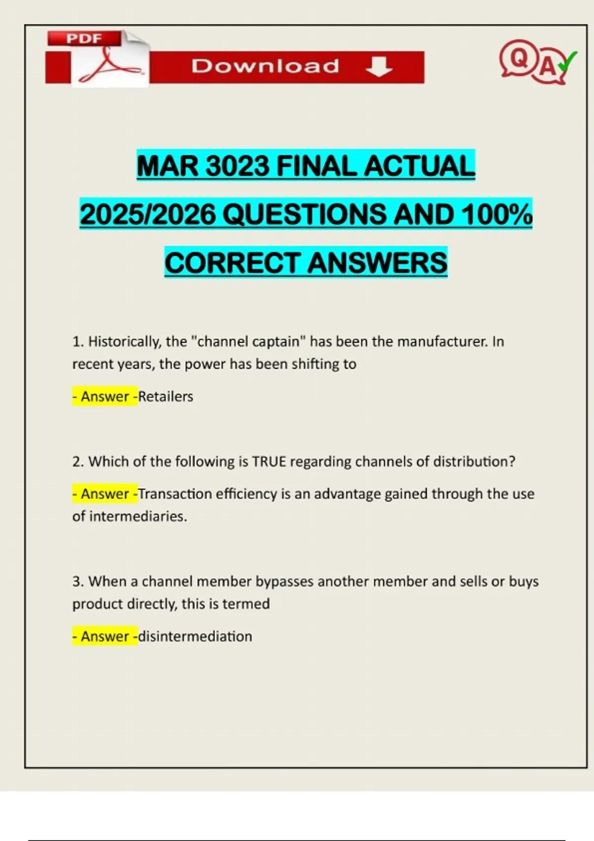 MAR 3023 FINAL ACTUAL 2025/2026 QUESTIONS AND 100% CORRECT ANSWERS ...