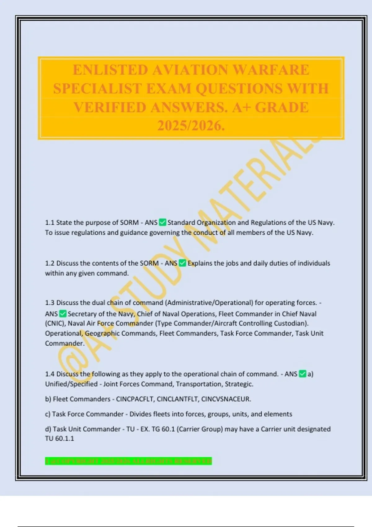 ENLISTED AVIATION WARFARE SPECIALIST EXAM QUESTIONS WITH VERIFIED ANSWERS. A+ GRADE 2025/2026 ...