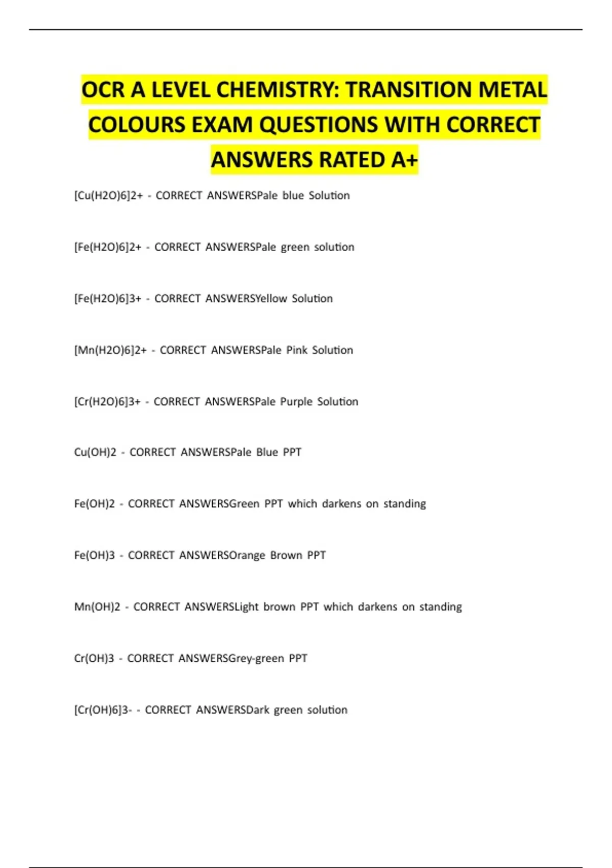 OCR A LEVEL CHEMISTRY TRANSITION METAL COLOURS EXAM QUESTIONS WITH ...