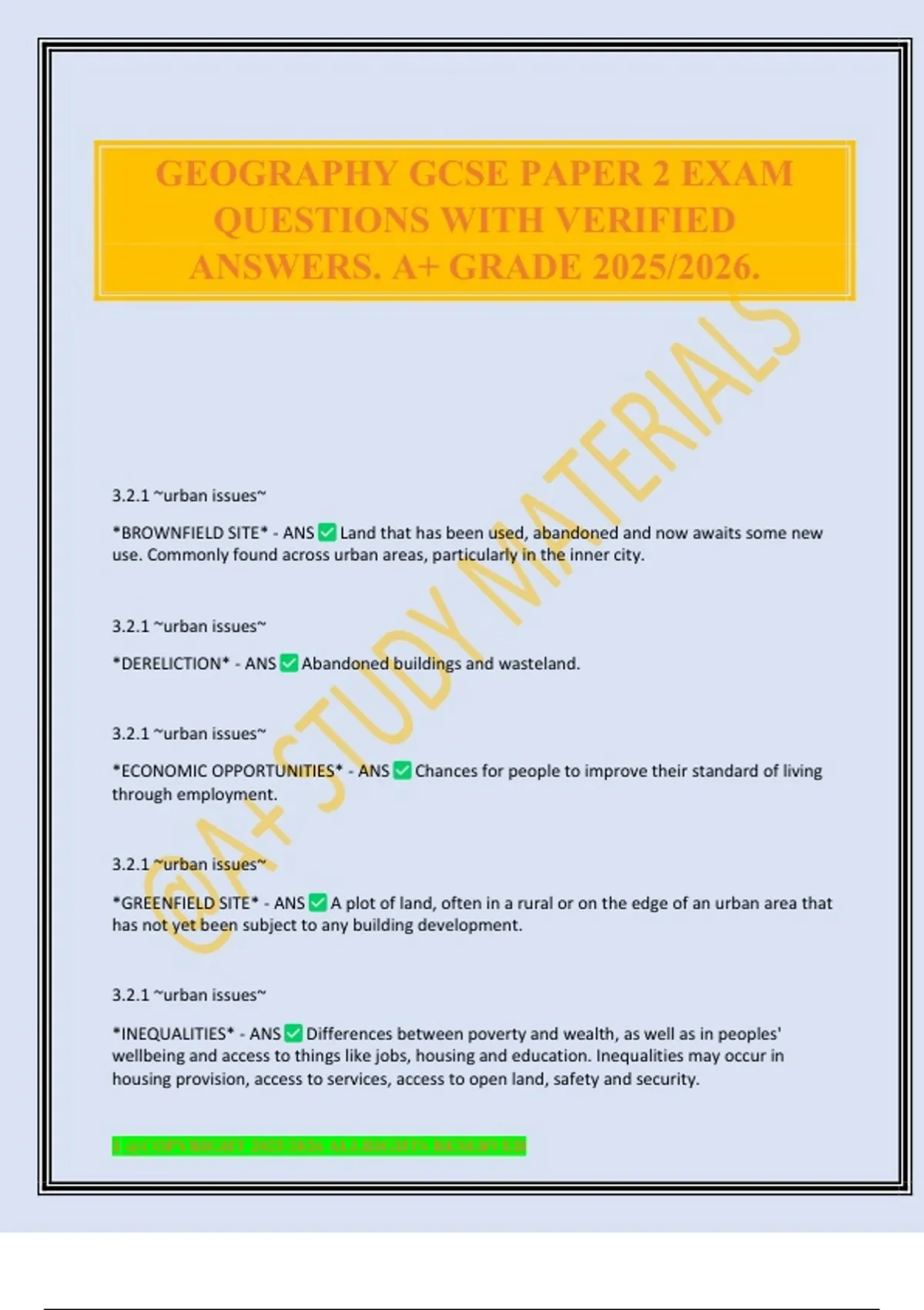 GEOGRAPHY GCSE PAPER 2 EXAM QUESTIONS WITH VERIFIED ANSWERS. A+ GRADE ...