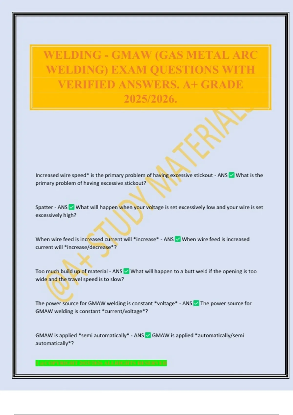 WELDING - GMAW (GAS METAL ARC WELDING) EXAM QUESTIONS WITH VERIFIED ...