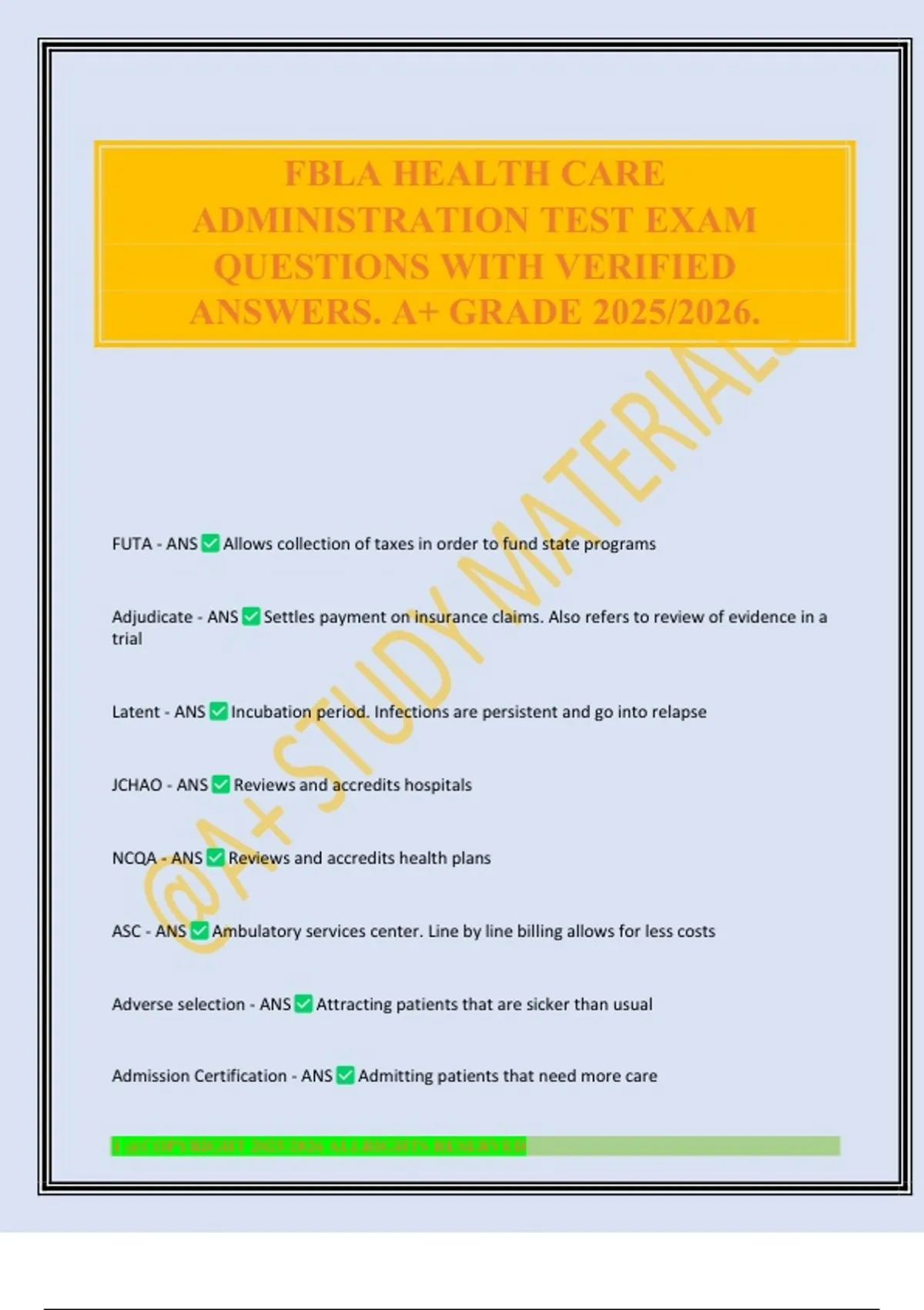 FBLA HEALTH CARE ADMINISTRATION TEST EXAM QUESTIONS WITH VERIFIED ...