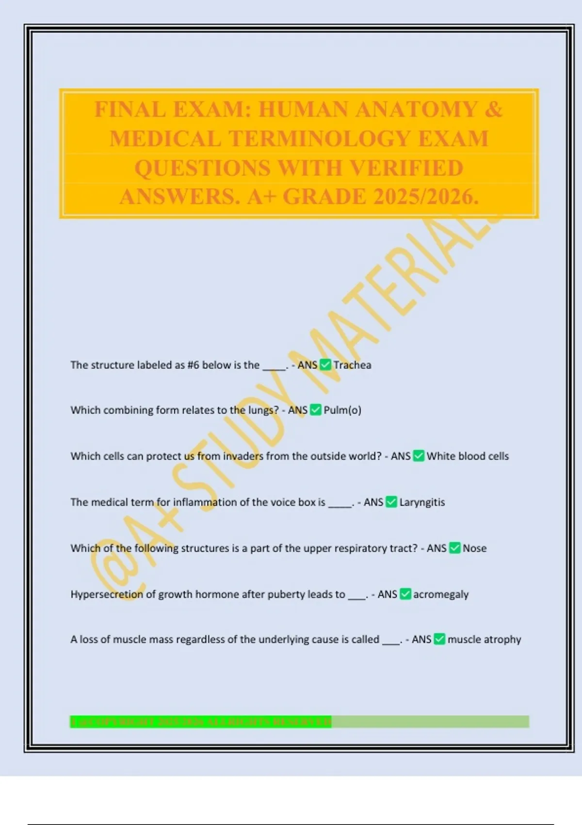 FINAL EXAM: HUMAN ANATOMY & MEDICAL TERMINOLOGY EXAM QUESTIONS WITH ...