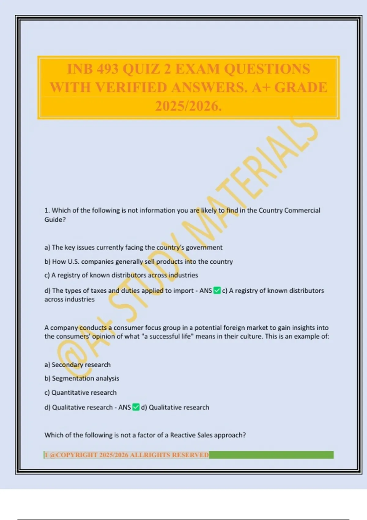 INB 493 QUIZ 2 EXAM QUESTIONS WITH VERIFIED ANSWERS. A+ GRADE 2025/2026 ...
