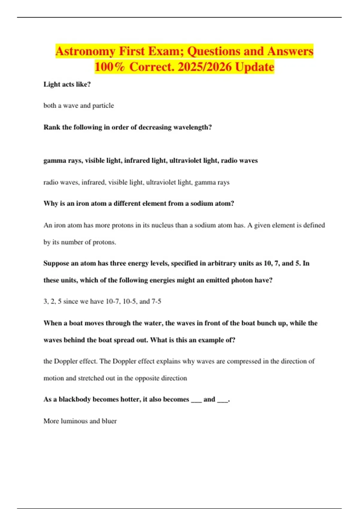 Astronomy First Exam; Questions and Answers 100% Correct. 2025/2026 ...