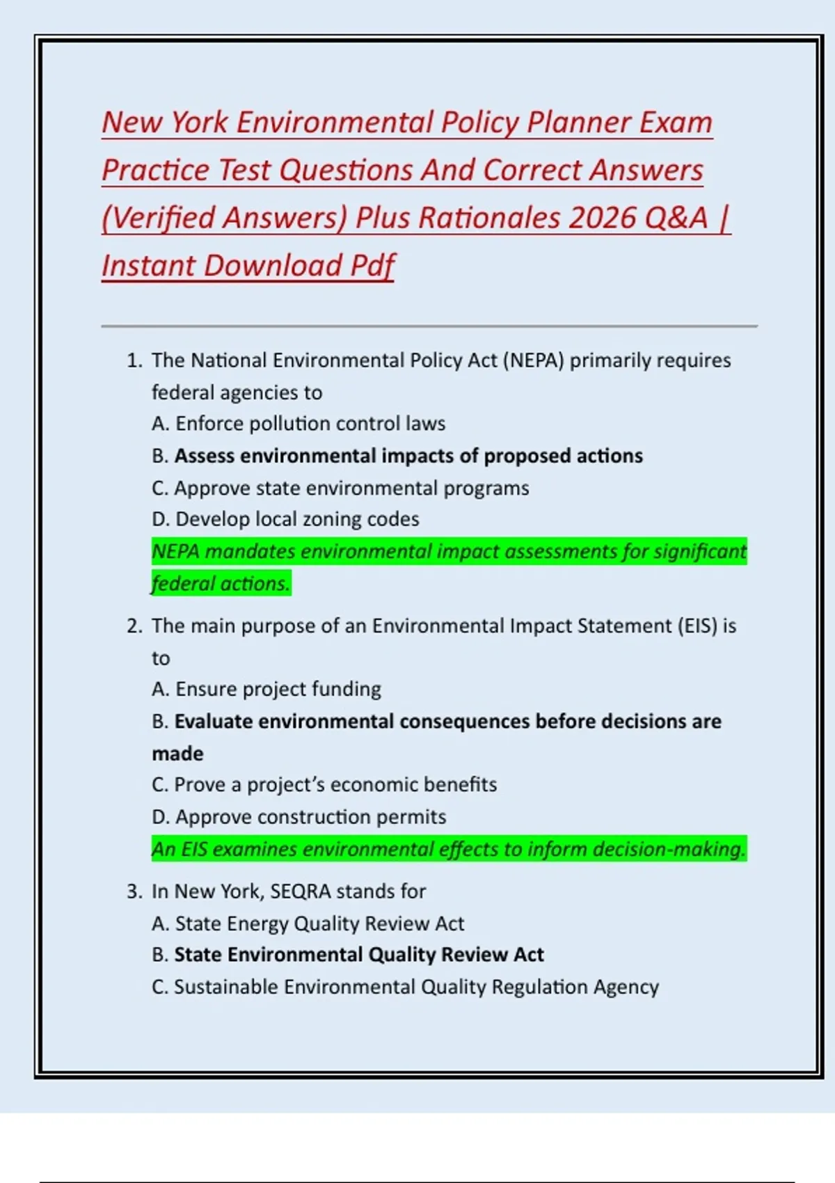 New York Environmental Policy Planner Exam Practice Test Questions And ...