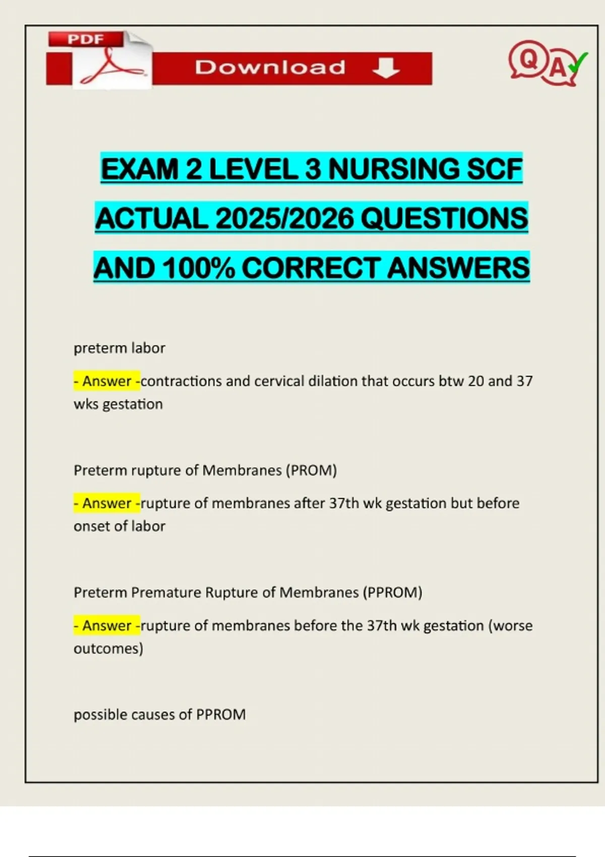 EXAM 2 LEVEL 3 NURSING SCF ACTUAL 2025/2026 QUESTIONS AND 100% CORRECT ...