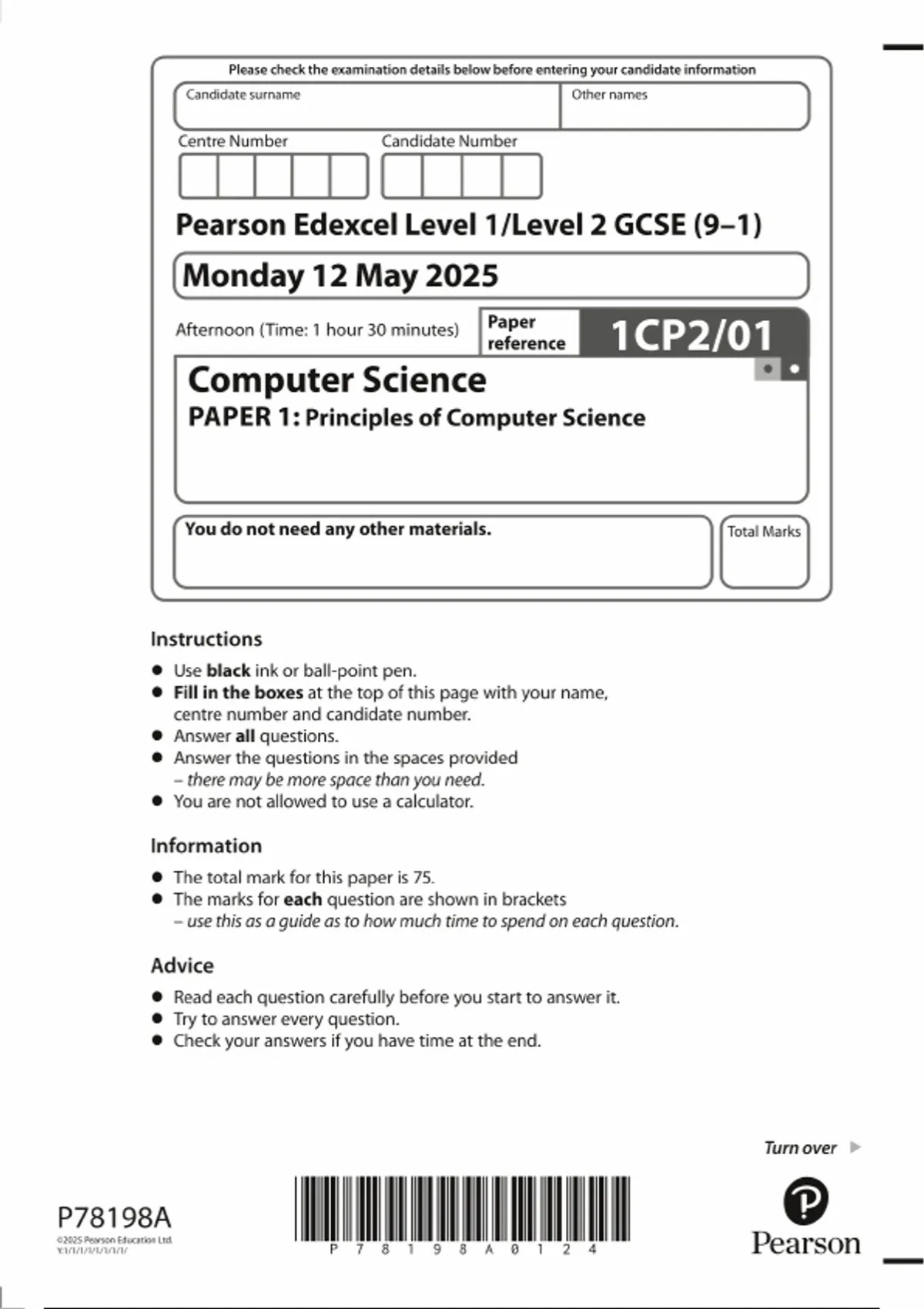 PEARSON EDEXCEL GCSE COMPUTER SCIENCE PAPER 1 QUESTION PAPER 2025 (1CP2 ...