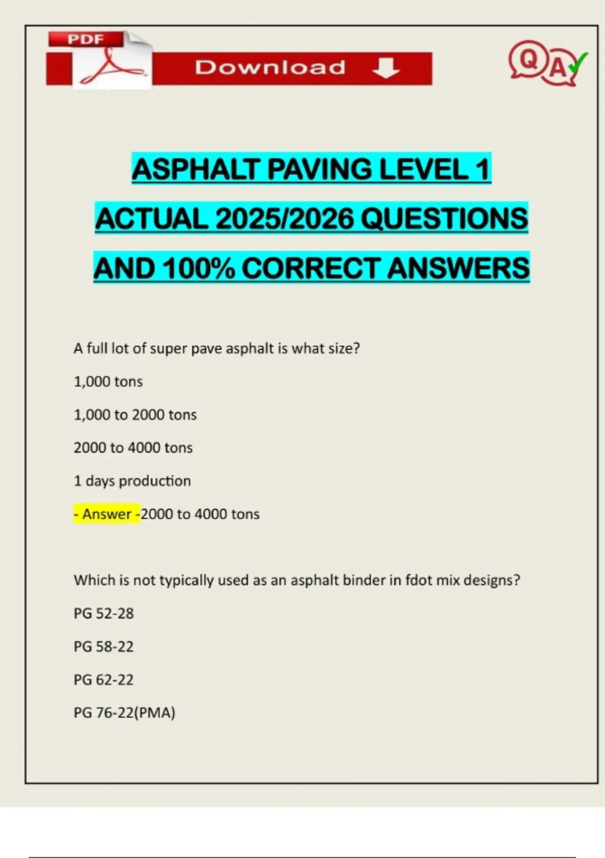 ASPHALT PAVING LEVEL 1 ACTUAL 2025/2026 QUESTIONS AND 100% CORRECT ...
