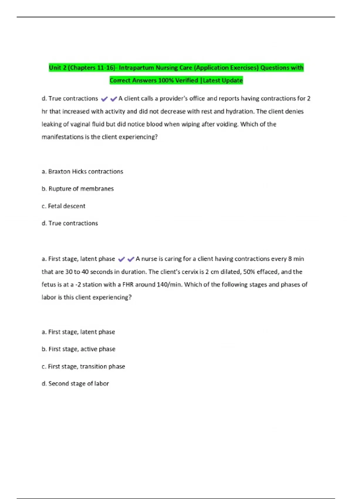 Unit 2 (Chapters 11-16)- Intrapartum Nursing Care (Application ...