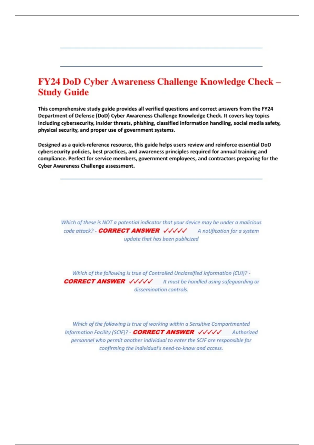 FY24 DoD Cyber Awareness Challenge Knowledge Check – Study Guide //FY24 ...