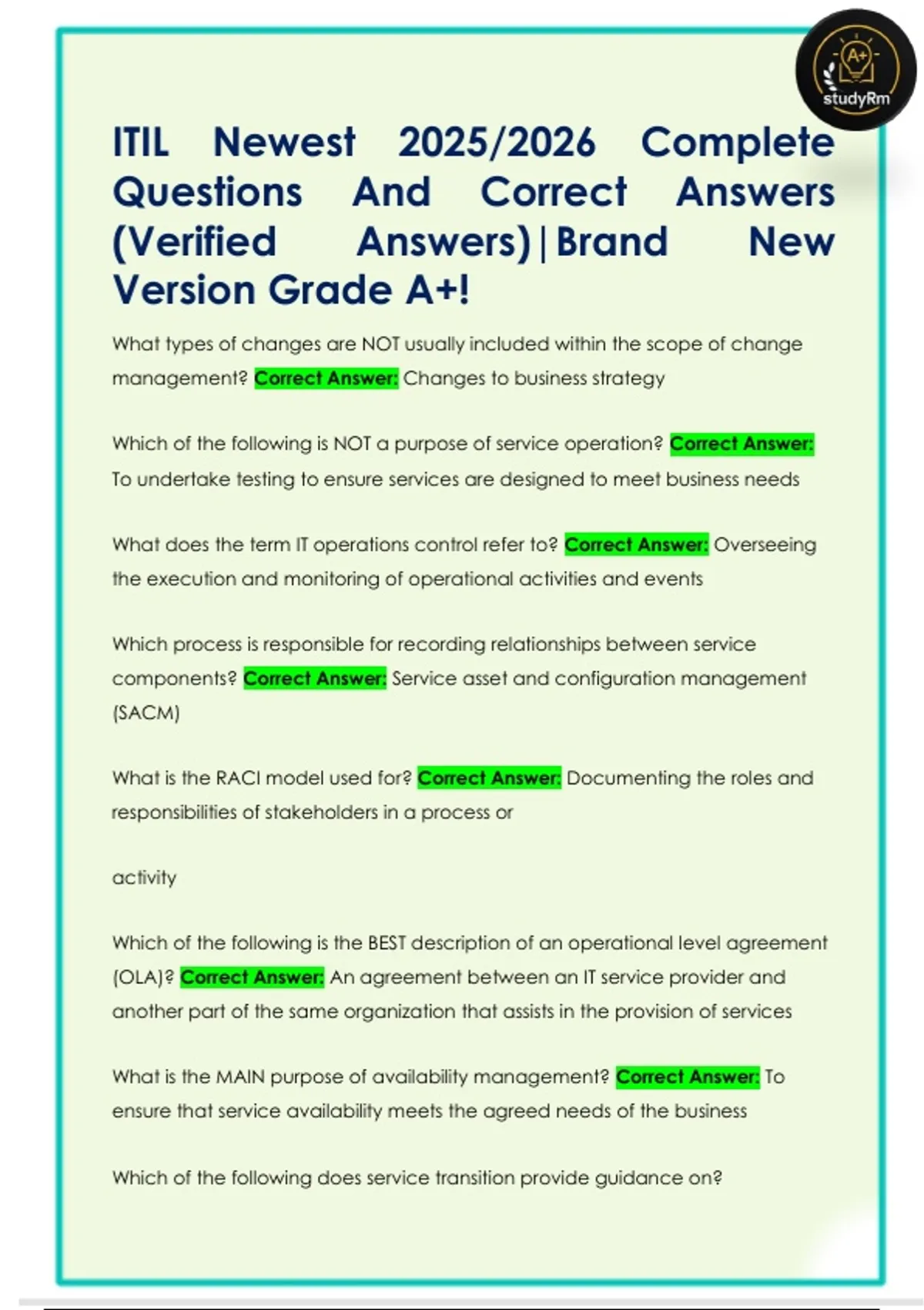 ITIL Newest 2025/2026 Complete Questions And Correct Answers (Verified ...