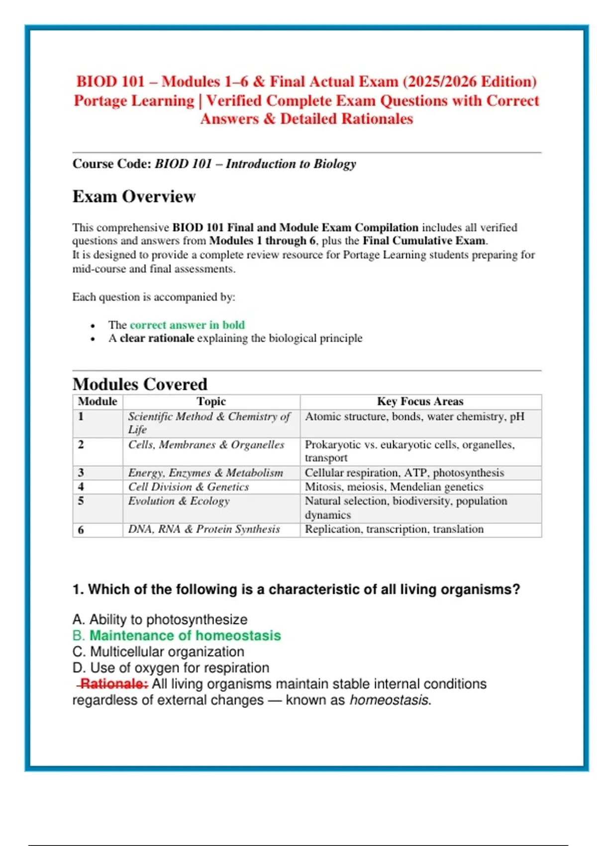 BIOD 101 – Modules 1–6 & Final Actual Exam (2025/2026 Edition) Portage ...