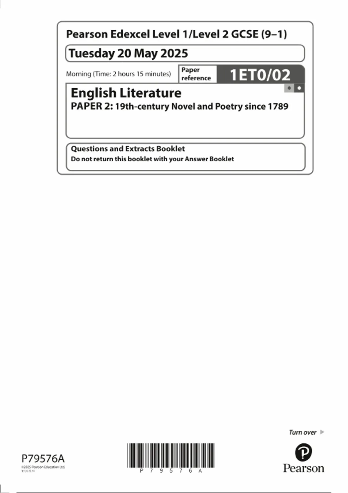 PEARSON EDEXCEL GCSE ENGLISH LITERATURE PAPER 2 QUESTION PAPER 2025 ...