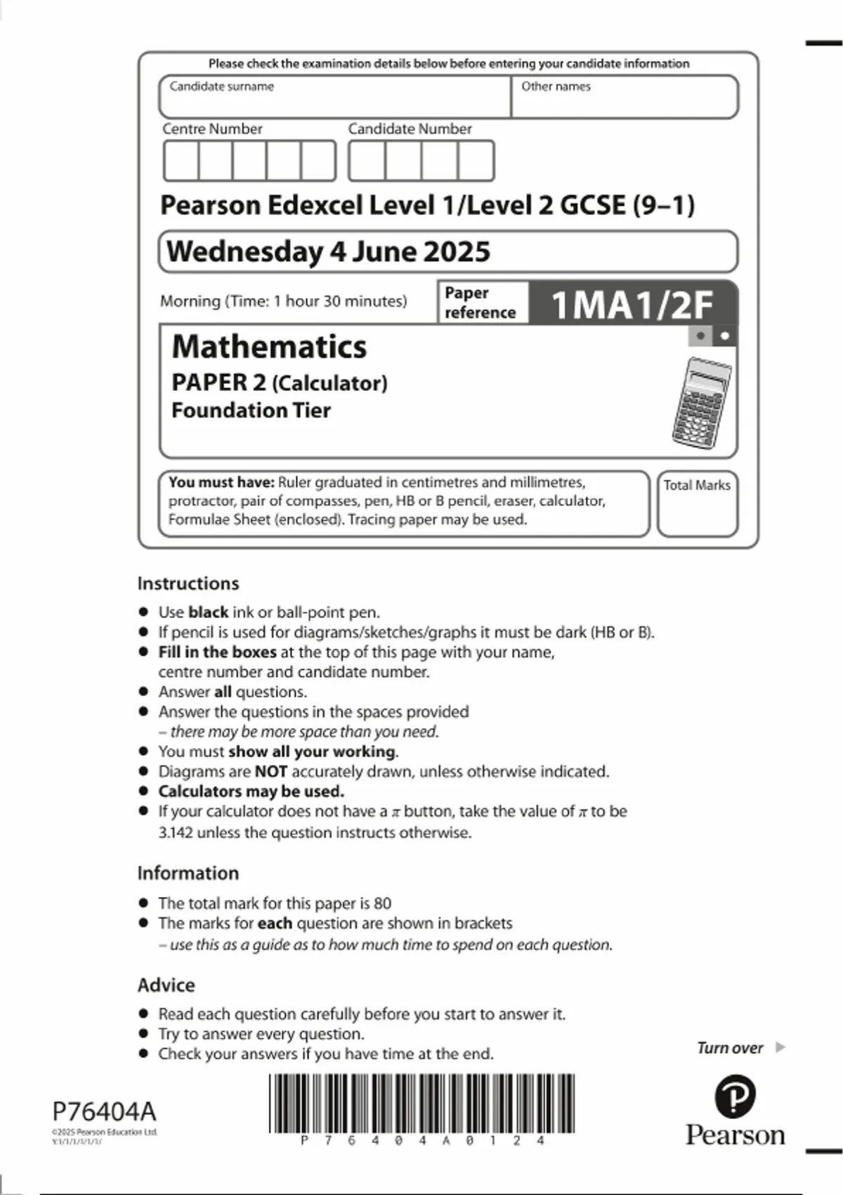 PEARSON EDEXCEL GCSE MATHEMATICS FOUNDATION TIER PAPER 2 QUESTION PAPER ...