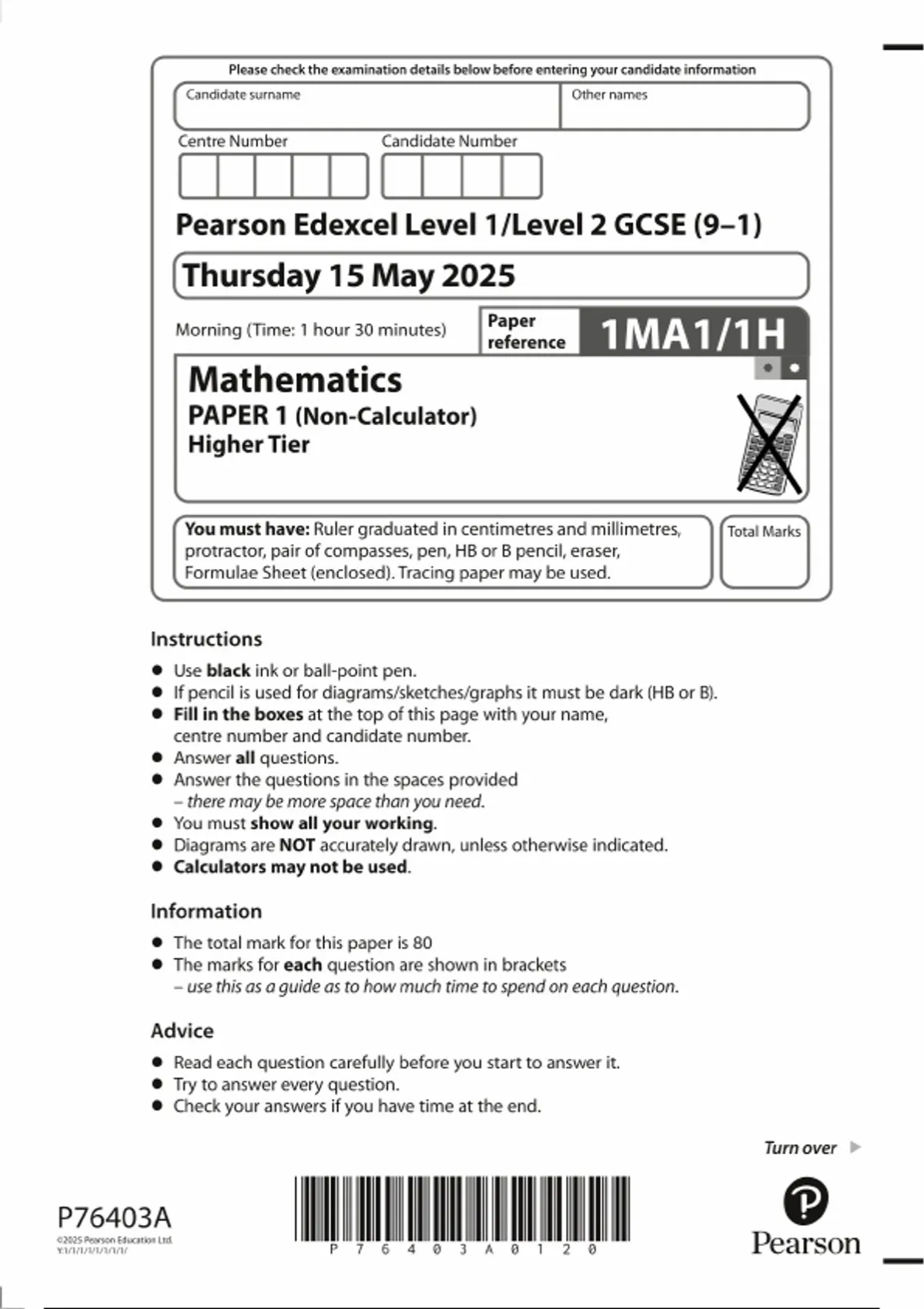 PEARSON EDEXCEL GCSE MATHEMATICS HIGHER TIER PAPER 1 QUESTION PAPER ...