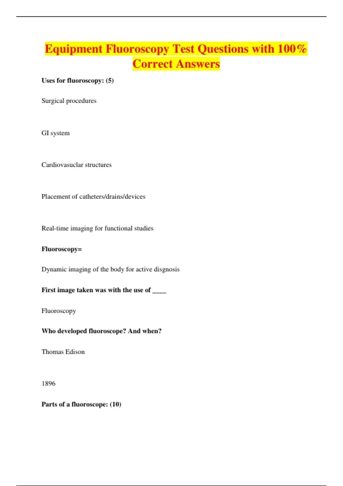 Equipment Fluoroscopy Test Questions with 100% Correct Answers ...