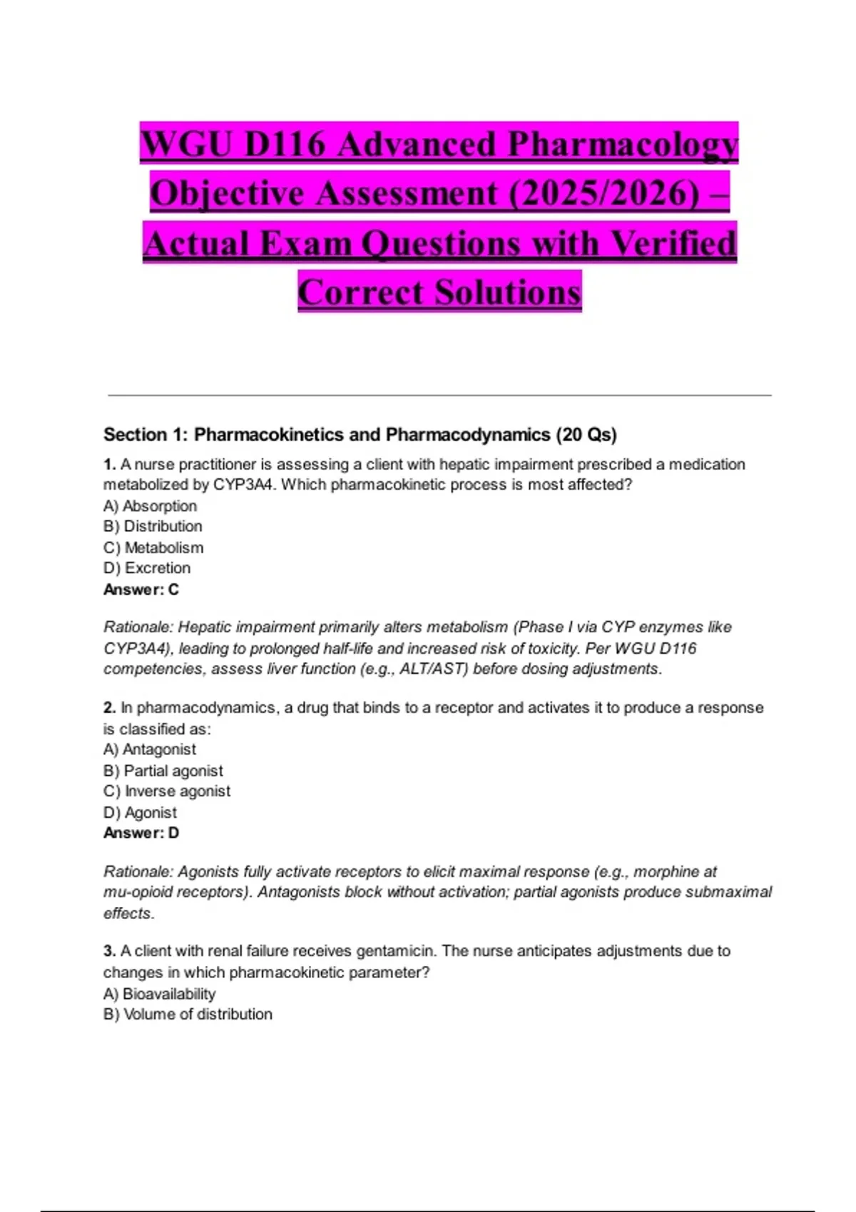 WGU D116 Advanced Pharmacology Objective Assessment (2025/2026 ...