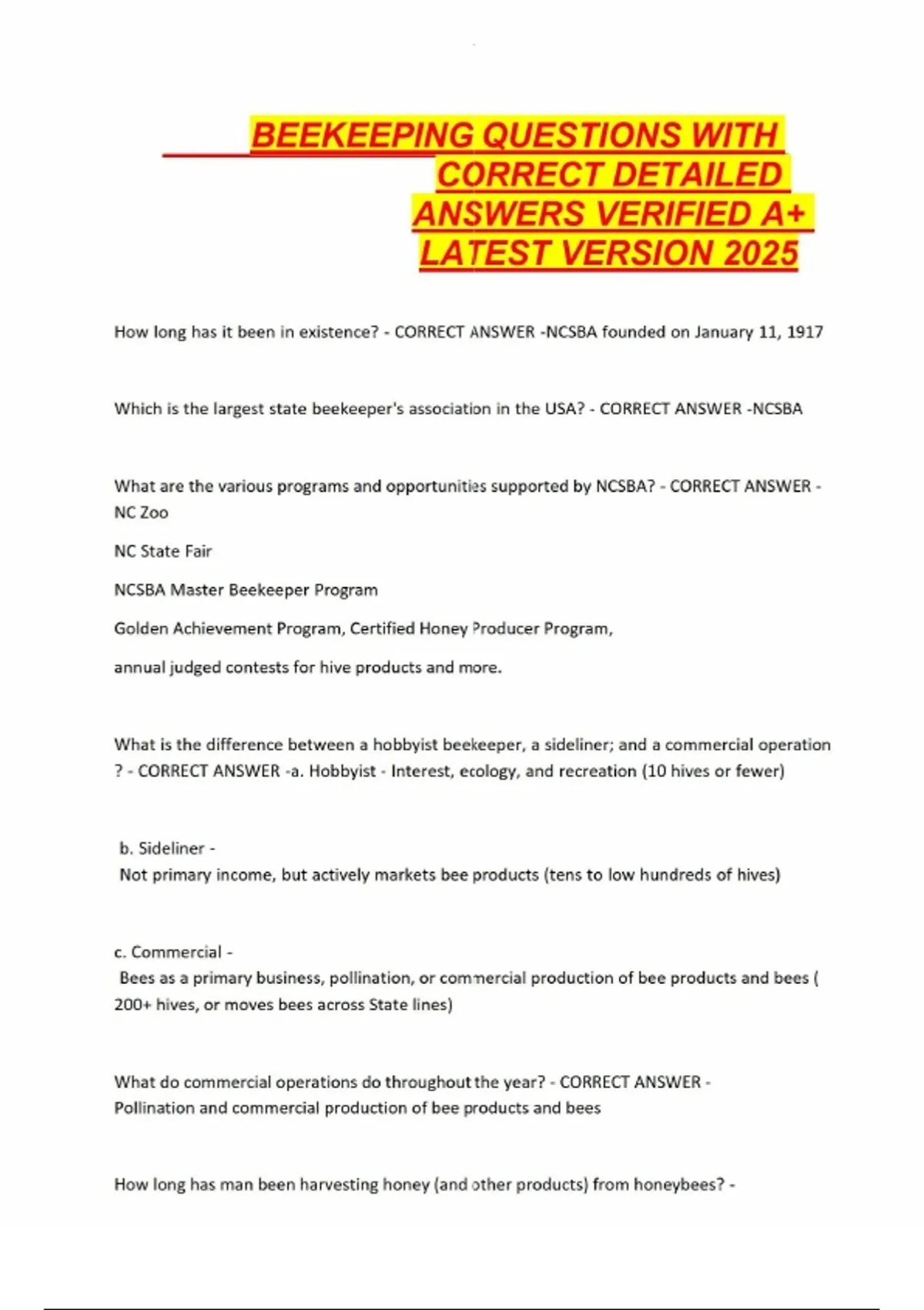 BEEKEEPING QUESTIONS WITH CORRECT DETAILED ANSWERS VERIFIED A+ LATEST ...
