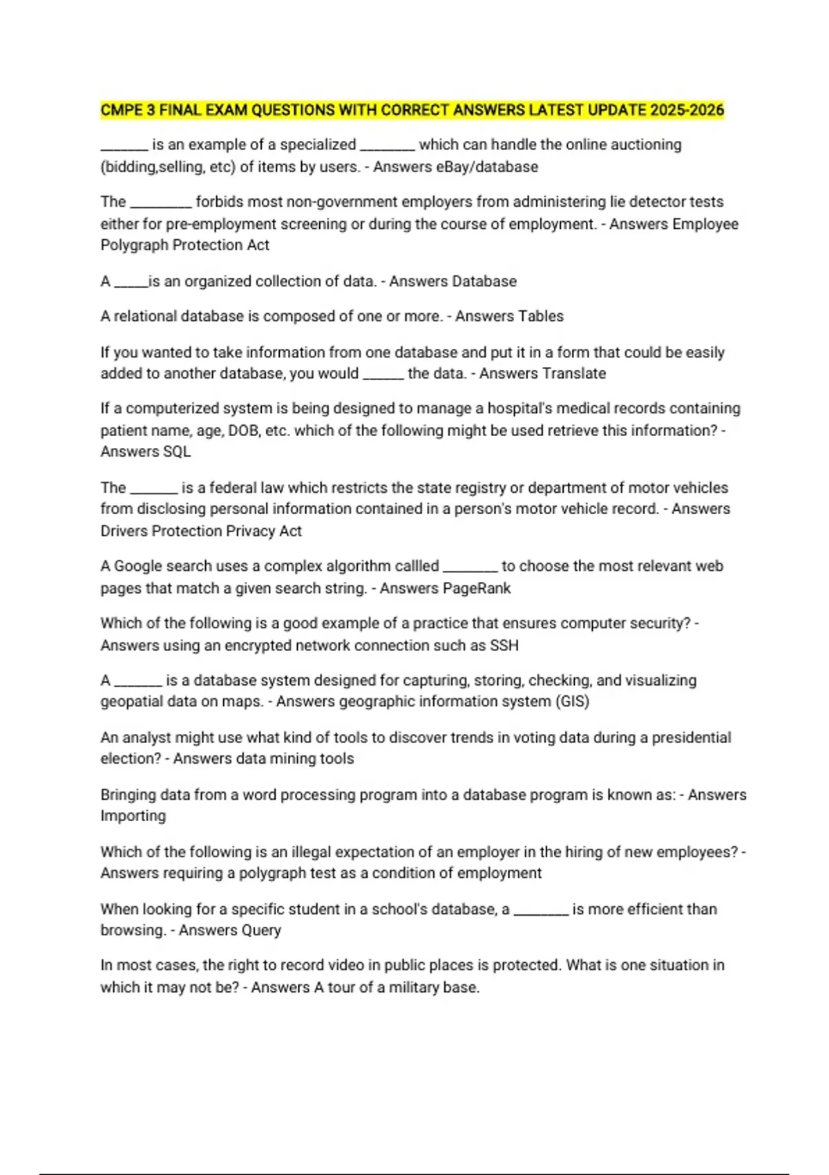 CMPE 3 FINAL EXAM QUESTIONS WITH CORRECT ANSWERS LATEST UPDATE - CMPE ...