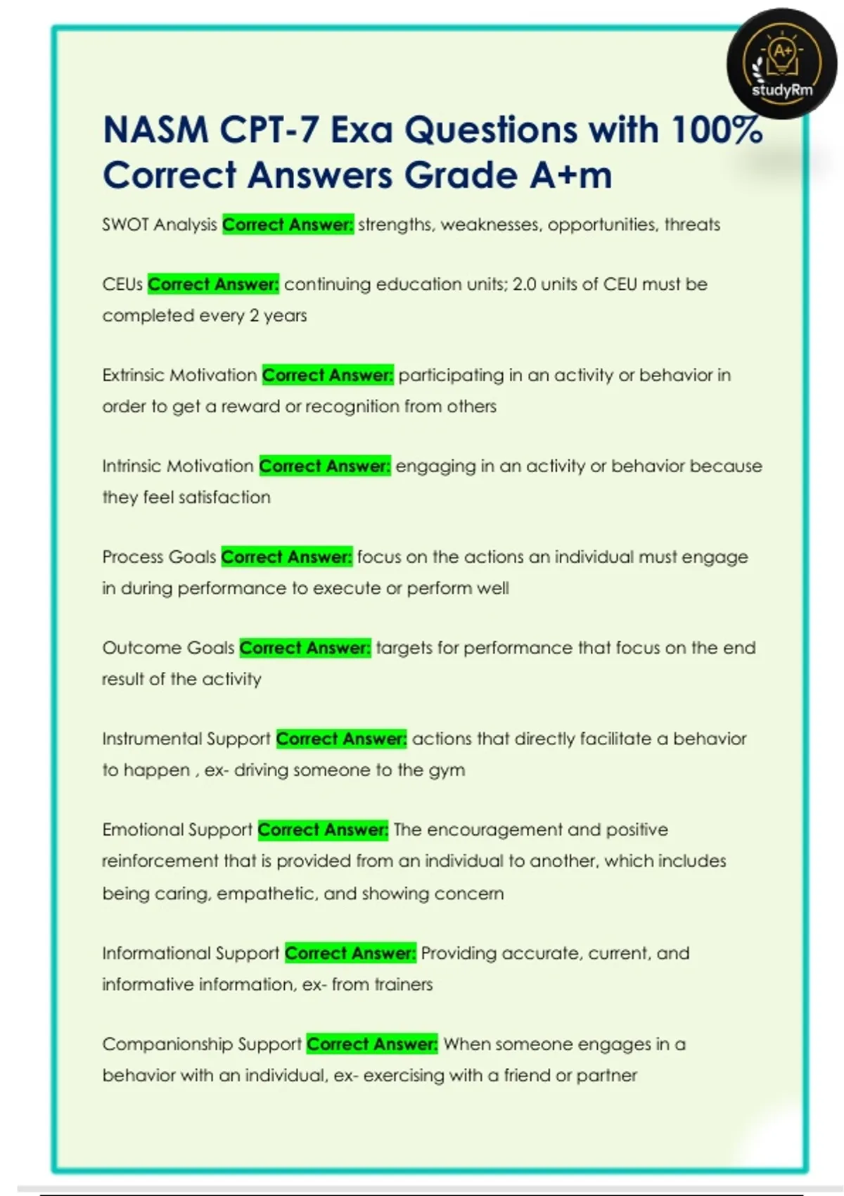 NASM CPT-7 Exa Questions with 100% Correct Answers Grade A+m - NASM CPT ...