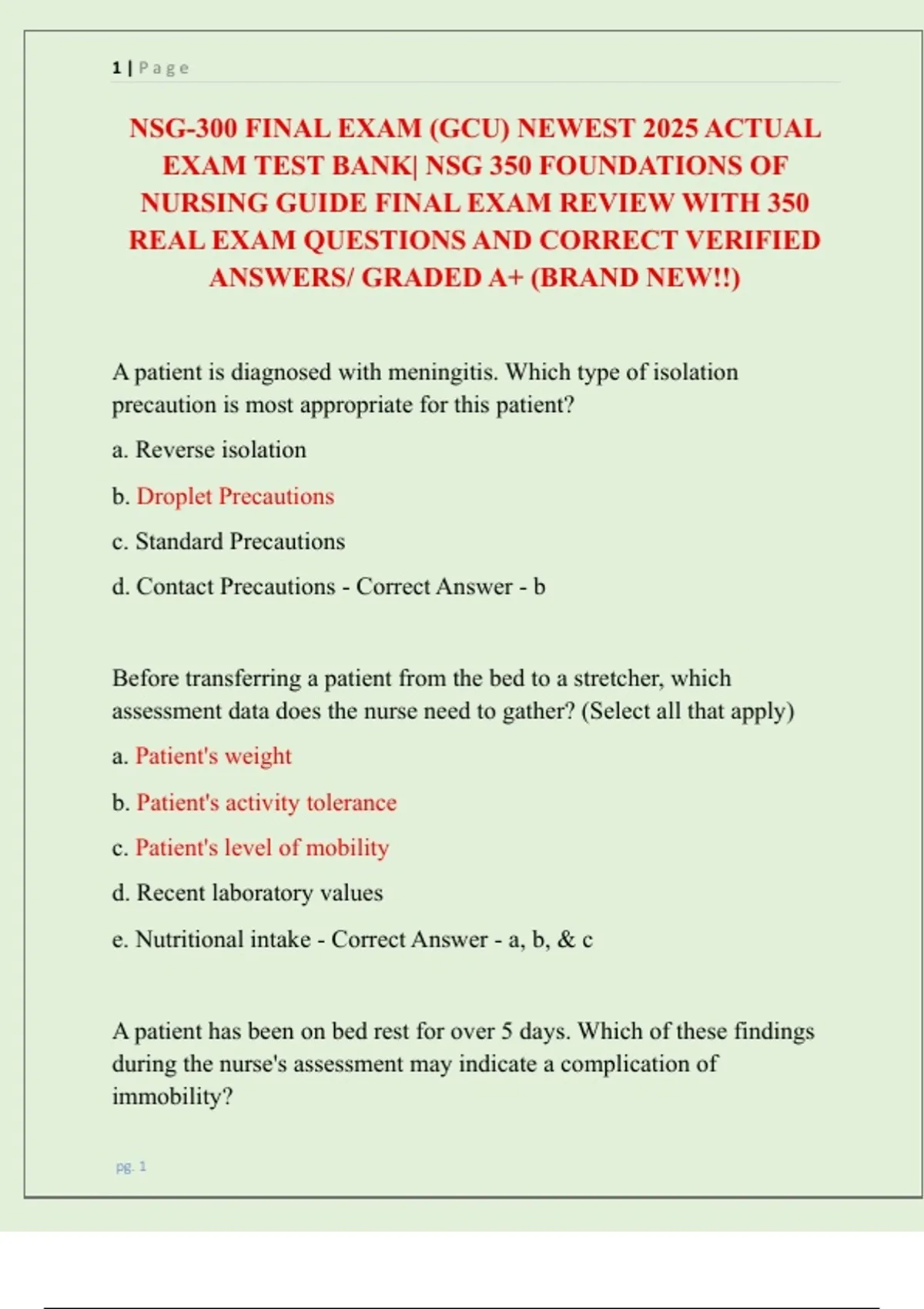 NSG-300 FINAL EXAM (GCU) NEWEST 2025 ACTUAL EXAM TEST BANK| NSG 300 ...