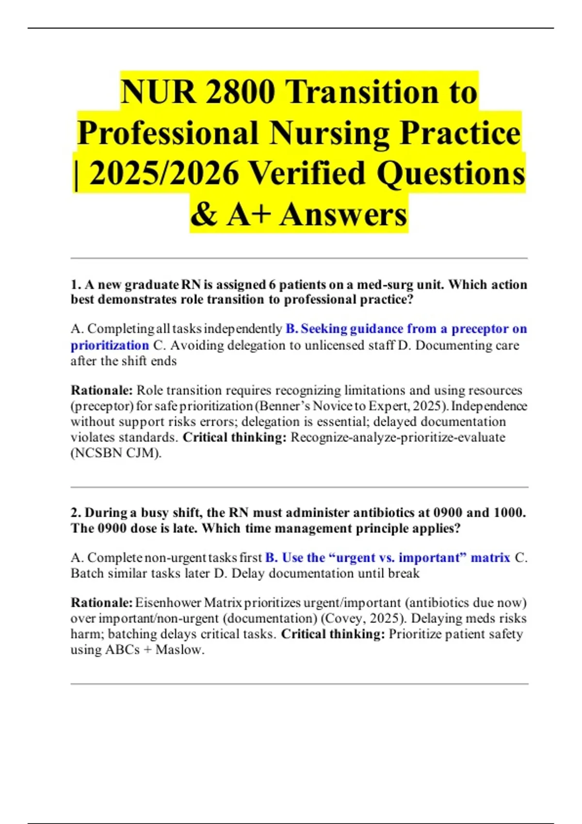 NUR 2800 Transition to Professional Nursing Practice | 2025/2026 ...